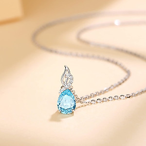 FANCIME Aquamarine Necklace March Birthstone Necklace 14K Solid White Gold Teardrop Pendant with Diamond Birthday Gifts Jewelry for Mom Women