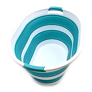 SAMMART 34L(8.98 gallon) Collapsible Plastic Laundry Basket-Oval Tub/Basket-Foldable Storage Container/Organizer-Portable Washing Tub-Space Saving,Water capacity 29L (7.66 gallon) (1, Bright Blue)