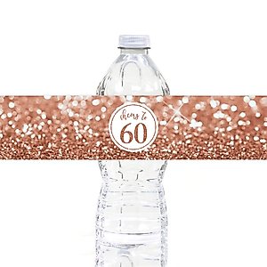 Andaz Press Glitzy Faux Glitter Rose Gold Water Bottle Labels Stickers, Cheers to 60, 60th Birthday Water Bottle Labels Anniversary 60th Birthday Decorations for Women Birthday Party Favors, 20-Pack