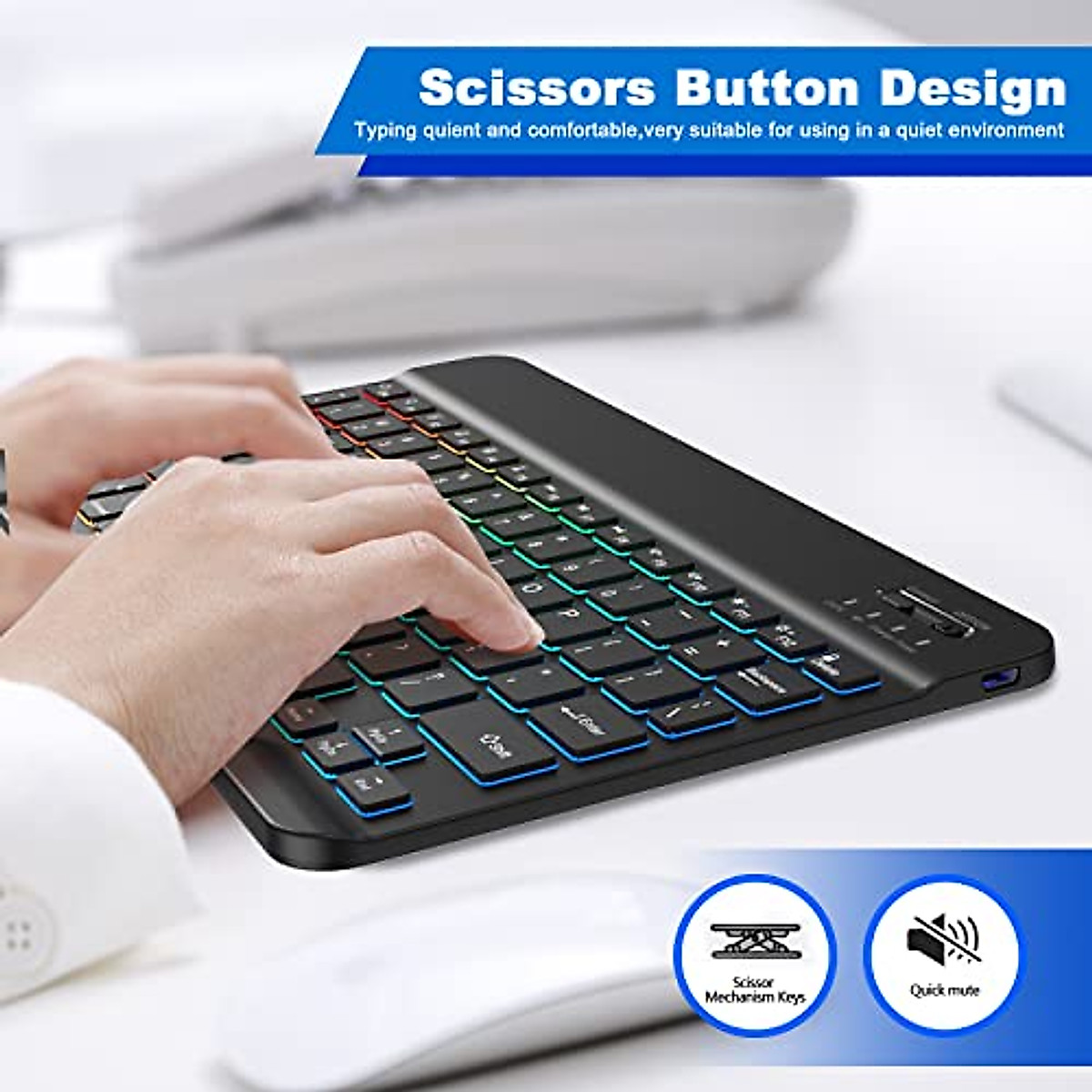 Ultra-Slim Wireless Bluetooth Keyboard, Upgrade 7 Colors Rainbow Backlit Rechargeable Keyboard, Universal Mini Portable Keyboard for iPad Mac Samsung Tablets Phones Computer Laptops PC, Black