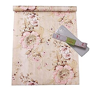 Self Adhesive Vinyl Pink Peony Floral Contact Paper with Wallpaper Smoothing Tool Kit - Decorative Floral Shelf Liner Cabinets Dresser Drawer Furniture Walls Crafts Decor Sticker 17.7"X117"