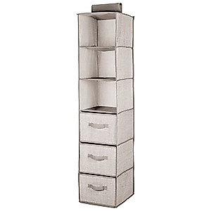 mDesign Long Soft Fabric Over Closet Rod Hanging Storage Organizer with 3 Shelves and 3 Drawers for Clothes, Leggings, Lingerie, T Shirts - Textured Print - Linen/Tan