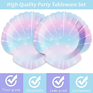 ZOIIWA 96 Pieces Mermaids Themed Party Decorations Mini Under the Sea Party Tableware for Girls Clam Shell Party Dessert Plates Napkins Forks for 24 Guests Birthday Party Favors
