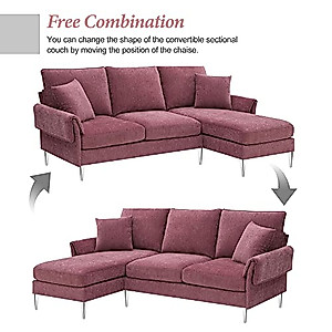 FANYE 84" L-Shaped Upholstered Corner Sectional 3 Seaters Sofa, Modern Chenille Upholstery Metal Legs Couch with Reversible Chaise and 2 Pillows for Home Apartment Office Living Room, Pink
