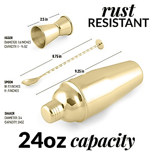 Large 24 oz Stainless Steel Cocktail Shaker Set - Mixed Drink Shaker - Martini Shaker Set with Built in Strainer, Double Sided Jigger & Combo Muddler Mixing Spoon - Pro Margarita Shaker - by Zulay