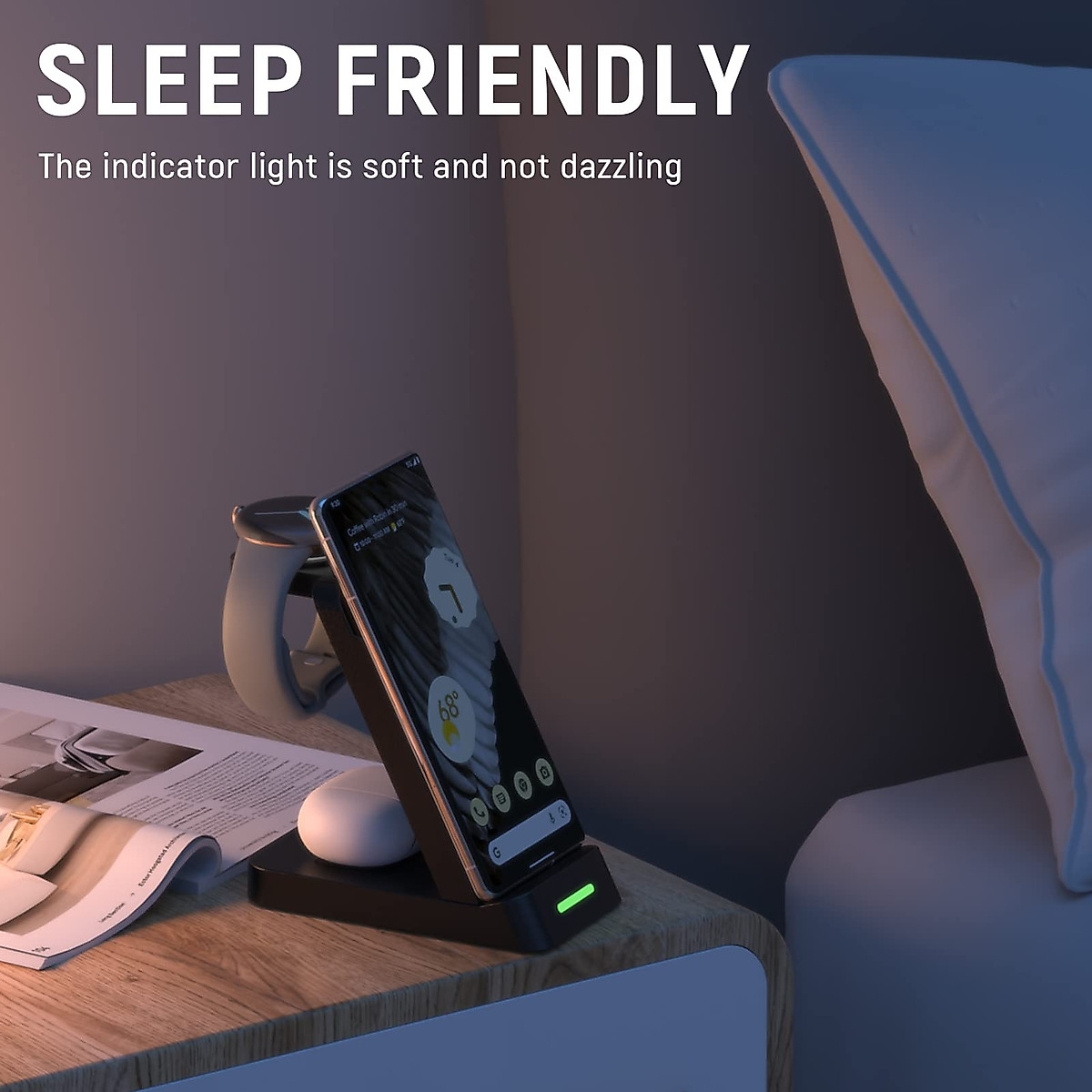 EloBeth Wireless Charging Station, 3 in 1 for Google Pixel Products, QC3.0 18W, Compatible with Pixel 8 Pro/8/7 Pro/7/Fold/6/6 Pro/5/4/3/XL, Watch, Buds Pro, iPhone/Airpods (not Watch 2)