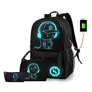 Lmeison Boys Backpack for School, Anime Cartoon Luminous Backpack with Lunch Box Pencil Case, Waterproof School Bookbag for Teen Girls, Laptop Backpack for Middle School High School, College, Black