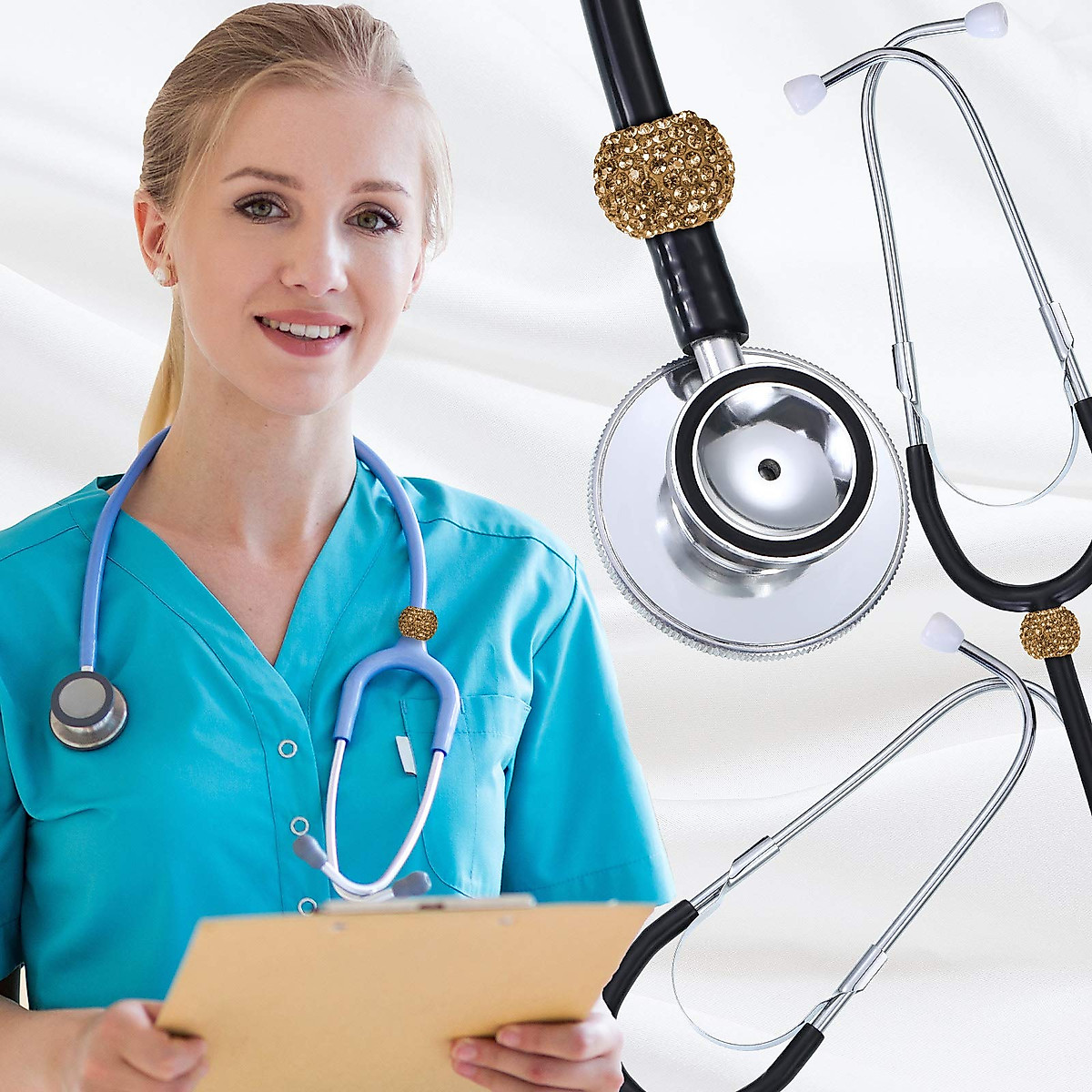 Hicarer 6 Pieces Bling Crystal Stethoscope Charms Nurse Accessories for Work Nurse Vet Crystal Stethoscope Decorations Multiple Colors, Purple, White, Gold, Pink, Black, Yellow