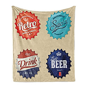 Lunarable 1950s Throw Blanket, Retro Bottle Caps Design Beer Drink Soda Old Times Old Days Memories Fun Happy, Flannel Fleece Accent Piece Soft Couch Cover for Adults, 50" x 70", Multicolor