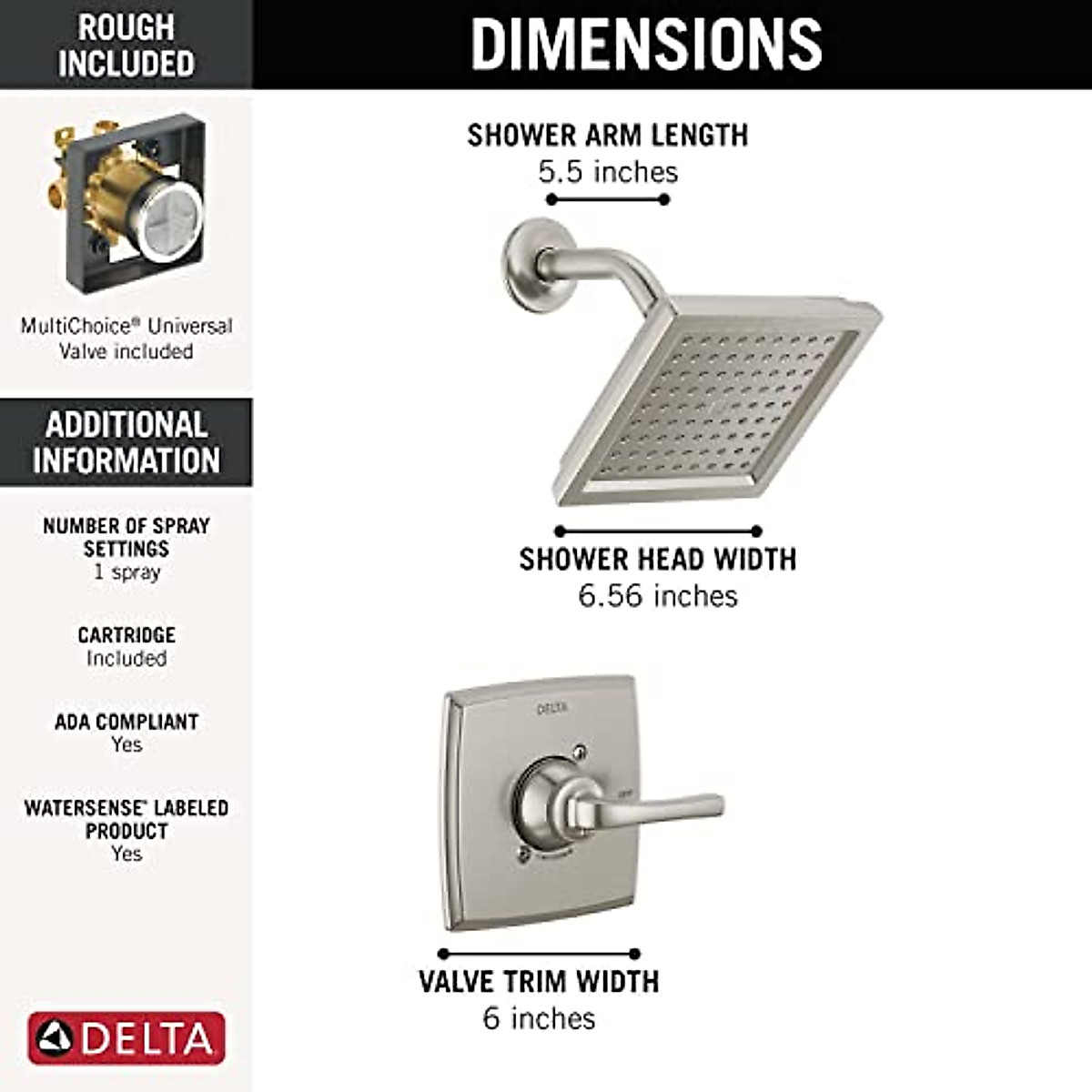 Delta Faucet Geist 14 Series Shower Faucet, Shower Trim Kit with Single-Spray Brushed Nickel Shower Head, Shower Faucet Set Complete, SpotShield Brushed Nickel 142864-SP (Valve Included)