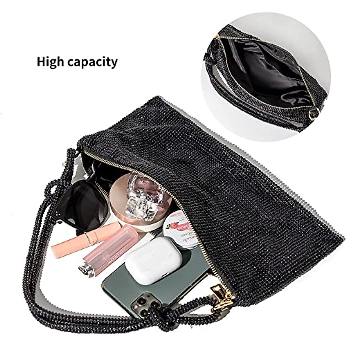 Rhinestone Hobo Bag for Women Chic Evening Handbag Shiny, Sparkly Crystal Handbag Shoulder Bags for Travel Vacation Party Proms Gifts (Black)