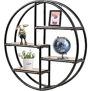 FANTASK Round Wall Shelf, 4-Tier Wood Floating Decorative Shelf w/ Metal Structure, Circle Décor Shelf for Office Bedroom Kitchen Study Living Room