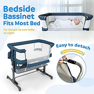 3 in 1 Baby Bassinet, Upgraded Beside Crib with 360° Highly Visible Mesh wall, Comfy Co-sleeper Bassinet with mattress, 5 Level Adjustable Height, Foldable & Portable BabyTravel Crib for Newborn, Blue