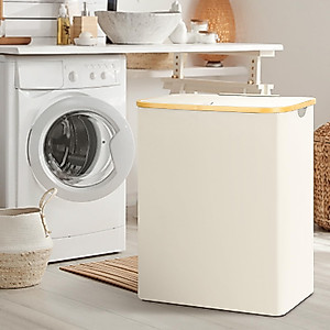 Bellzacasa Double Laundry Hamper with Lid, 145L Large Collapsible Hampers for Laundry with Removable Laundry Bags, Divided Dirty Clothes Laundry Basket for Laundry Room, Bedroom, Bathroom (Beige)