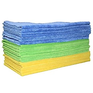 POLYTE Microfiber Cleaning Towel Ultrasonic Cut Edgeless (16x16, 24 Pack, Premium, Blue,Green,Yellow)