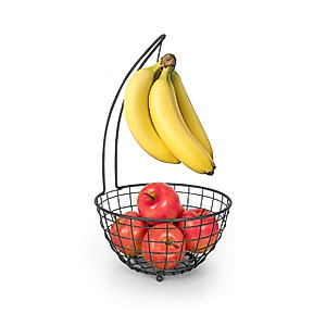 Spectrum Diversified Grid Small Tree & Basket Hanger & Fruit Basket, Produce Saver Banana Holder & Open Wire Fruit Bowl for Kitchen Counter & Dining Table, Industrial Gray
