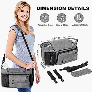 kookoomia Universal Stroller Organizer with Cup Holder, Baby Stroller Caddy Organizer with Extra Storage Bag and Shoulder Strap, Pockets for Phone, Keys and Toys, Large Compacity, Fits Most Strollers