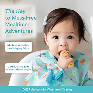 Bumkins Bibs, Baby and Toddler Girls and Boys 6-24 Months, Long Sleeve, Essential Must Have for Eating, Feeding, Mess Saving Lightweight Waterproof Fabric Sleeved Smock, Ocean Life