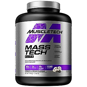 Mass Gainer Protein Powder MuscleTech Mass-Tech Mass Gainer Whey Protein Powder + Muscle Builder Protein Powder Creatine Supplements Cookies and Cream, 7 lbs (Package May Vary)
