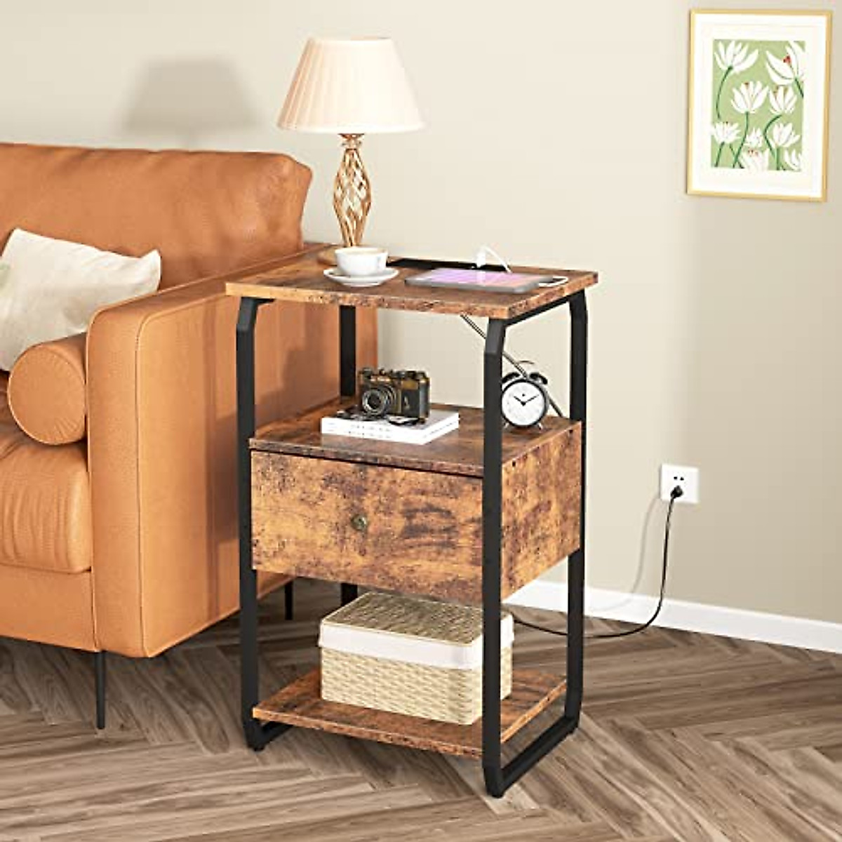 KHLJJU Nightstand with Charging Station, Bedside Tables with USB Ports and Outlets, Side Table with Drawer for Small Spaces, Vintage End Table for Bedroom, Living Room