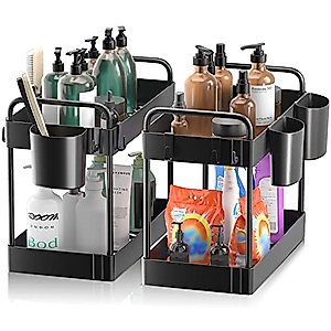 2 Pack Under Sink Organizers and Storage,2 Tier Under Bathroom Storage Rack with 12 Hooks,4 Hanging Cup, Bathroom Under Sink Shelf Cabinet Organizer Basket,Kitchen Multi-purpose Under Sink Storage
