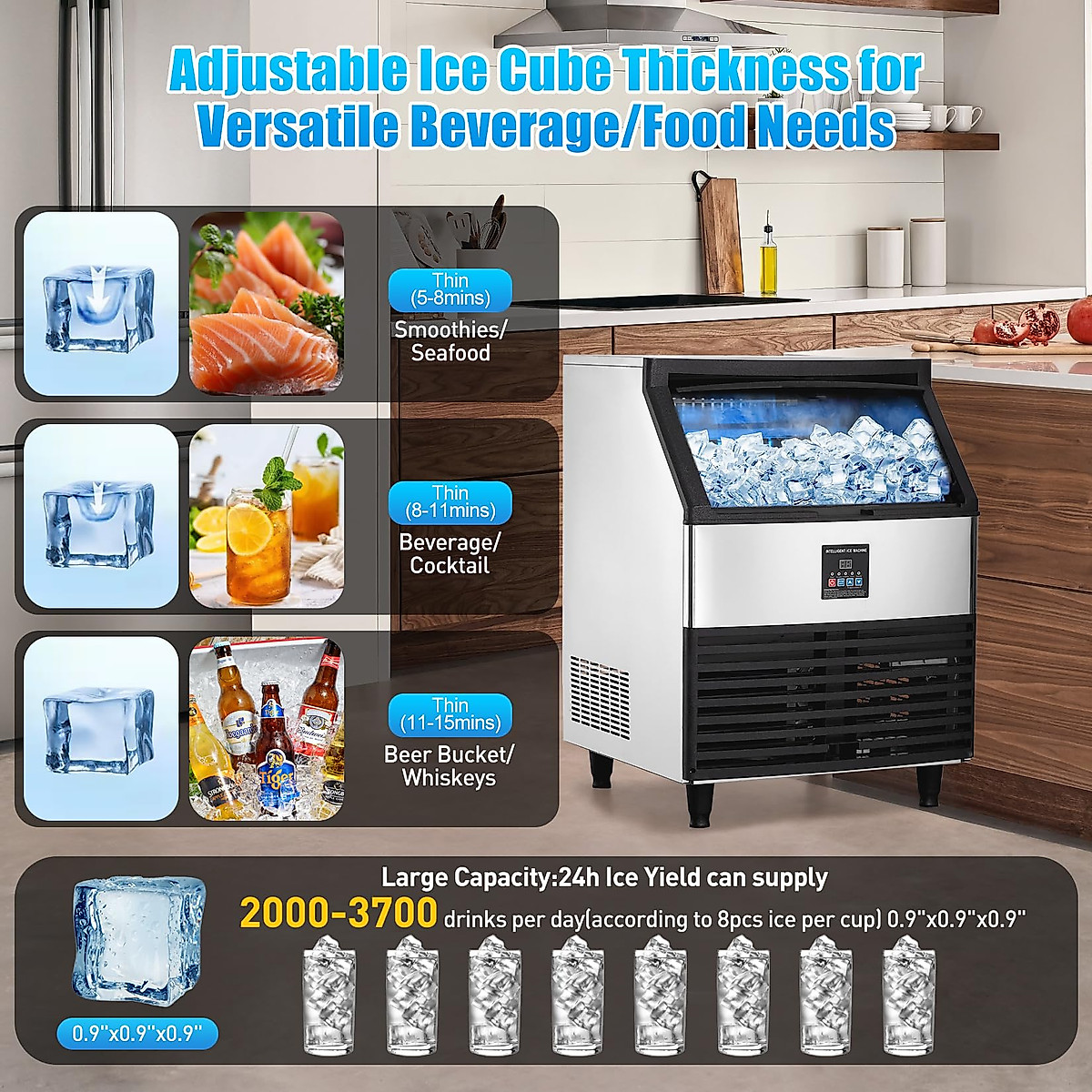 Commercial Ice Maker Machine 300LBS/24H with 100LBS Large Storage Bin, 160Pcs Clear Cube Ice for Restaurant Bar, Self Cleaning Freestanding Ice Maker, 110V