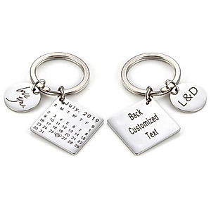 Personalized Engraved Calendar Keychain，Stainless Steel Keyring， Dog Cat Label，Customized with a Special Date & Text，Ideal Gift for Friends, Weddings, and Memorials