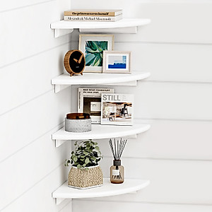 Forbena White Corner Floating Shelves for Wall Set of 4, Rounded Corner Shelves Wall Mounted for Kids Bedroom Books, Cute Wood Hanging Corner Shelf for Bathroom Decor, Living Room, Small Spaces