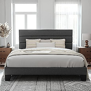 Allewie King Size Platform Bed Frame with Fabric Upholstered Headboard and Wooden Slats Support, Fully Upholstered Mattress Foundation/No Box Spring Needed/Easy Assembly, Dark Grey