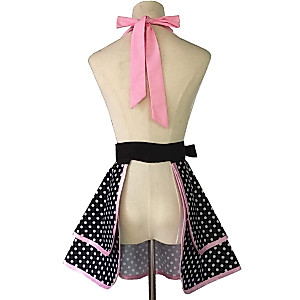 Hyzrz Cute Retro Apron Vintage Maid Polka Dot Kitchen Cooking Aprons for Women Ladies Girls (Pink)