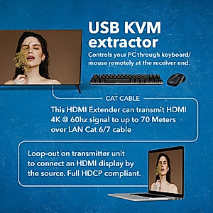 OREI KVM 4K HDMI Over Ethernet Extender Balun Over CAT6/7 Cable 4K@60Hz Upto 230 Feet - 2 USB 1.1 Ports, Supports Keyboard and Mouse USB HDMI Loop Out, Power Over Cable