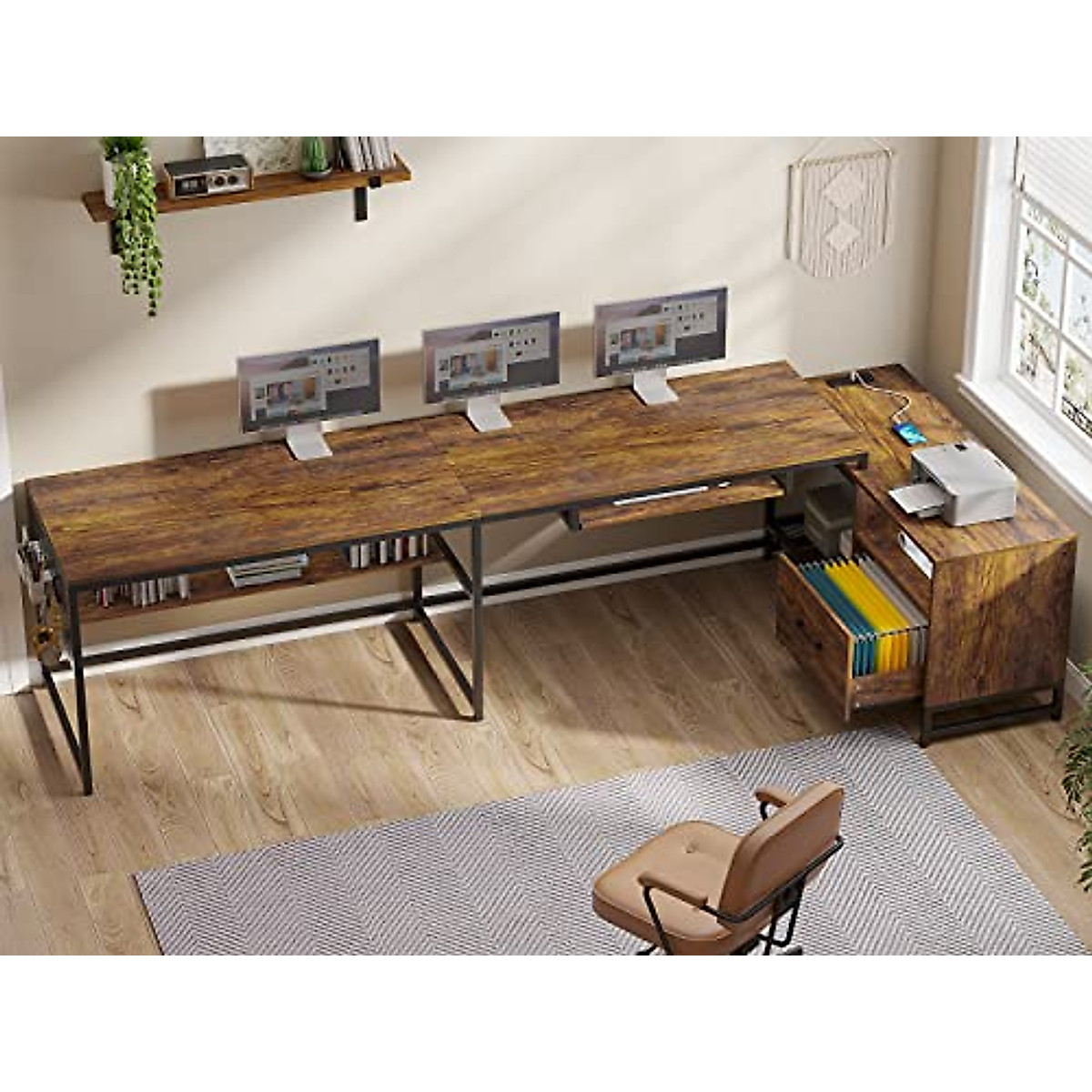 SEDETA L Shaped Computer Desk, Home Office Desk with File Drawer & Power Strip, L Shaped Gaming Desk with LED Light, Keyboard Tray, Pegboard, Storage Shelf, Rustic Brown