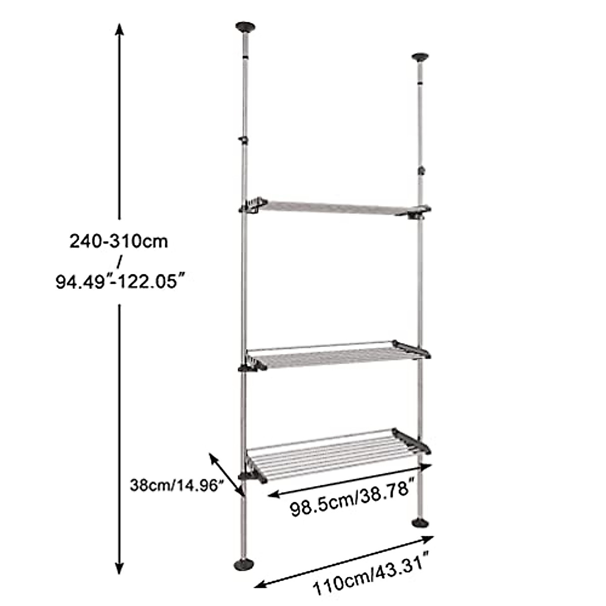 BAOYOUNI 3 Tiers Laundry Room Shelf Clothes Garment Rack Organizer Over Toilet Washer Dryer Storage Shelving Stand Double Tension Pole Extendable Bathroom Space Saver, Large Shelves - Grey