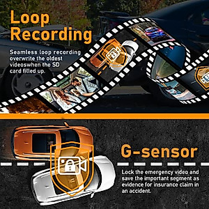 3 Channel Dash Cam Front and Rear Inside, 64GB Free SD Card, 1080P Dash Camera for Car with 4 IR Lamps, Three Way Car Cam Night Vision, 2.5 Inch LCD, Parking Monitor, G-Sensor, USB C, Loop Record