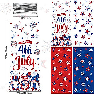 100Pcs Patriotic Decorations 4th of July Party Cellophane Treat Bags,Red Blue Stars Plastic Goodie Bags Candy Favor Bags with Silver Twist Ties for American Patriotic Day Veterans Day Party Supplies