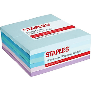 Staples 24295899 Stickies Notes 3-Inch x 3-Inch Watercolor 100 Sh./Pad 24 Pads/PK (52227)