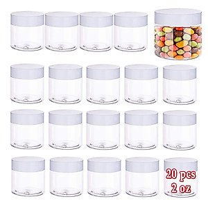 20 Pcs 2oz Plastic Cosmetic Container,Round Clear Pot Jars with White Lids,Empty Cosmetic Jar for Travel Storage,Lotion,Cream,Jewelry,Powder,Eye Shadow,Painting,DIY Crafts