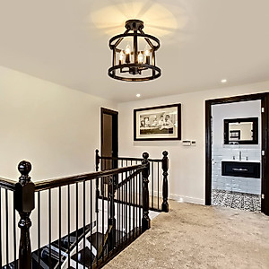 UOFUS Metal Semi Flush Mount Ceiling Light Fixture 4 Candle Holder Matte Chandelier Farmhouse Ceiling Lamp for Dining Room Bedroom Kitchen Hallway Entryway（Black）