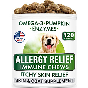 Allergy Relief + Dog Probiotics Chews Bundle - Itchy Skin Relief + Upset Stomach Relief - Omega 3, Pumpkin, Enzymes, Prebiotics - Seasonal Allergies + Improve Digestion - 120 + 120 Chews - Made in USA