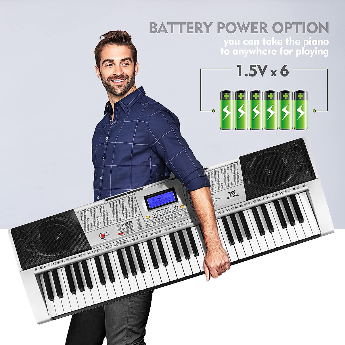 MUSTAR 61 Key Piano Keyboard, MEKS-400 Electric Piano Keyboard with Lighted Up Keys, Learning Keyboards Piano for Beginners, Piano Stand, LCD Screen, Headphones, Microphone, Kids Birthday Gifts