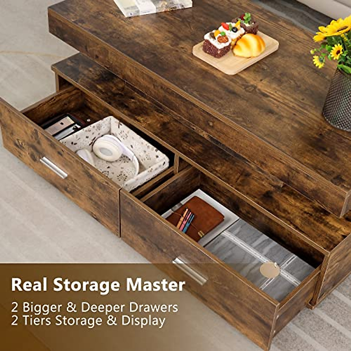 WEENFON LED Coffee Table, Smart Coffee Table with Charging Station, Lift Top, 21 Colors Change, 2 Tiers Modern Tea Table with Storage, Living Room Furniture, Rectangle Design, Rustic Brown