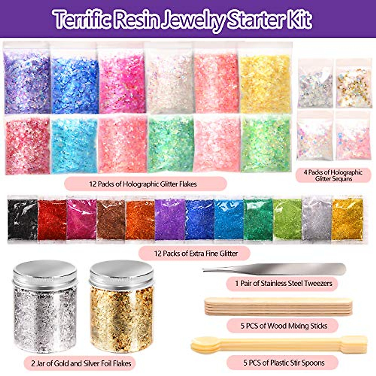 41PCS Resin Supplies Kit, LEOBRO Extra Fine Glitter for Resin, Resin Glitter Flakes Sequins, Foil Flakes, Mixing Stick &Tweezers, Craft Glitter for Resin Crafts, Nail Art, Jewelry Tumbler Making