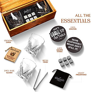 Mixology & Craft Whiskey Stones Gift Set - Pack of 6 Granite Chilling Rocks w/ 2 10 oz Old Fashioned Glasses in Wooden Box - Whiskey Gifts for Men on Birthday, Father's Day or Christmas