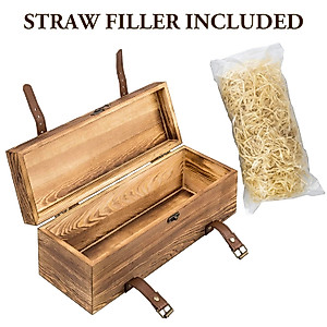 MyGift Vintage Brown Wood Single Wine Bottle Holder Gift Box with Leatherette Buckle Straps and Locking Latch