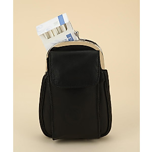 Leatherboss Leather Kiss Lock Pick-me-up Large Cigarette Money Make Up Holder Purse with Phone Case Black