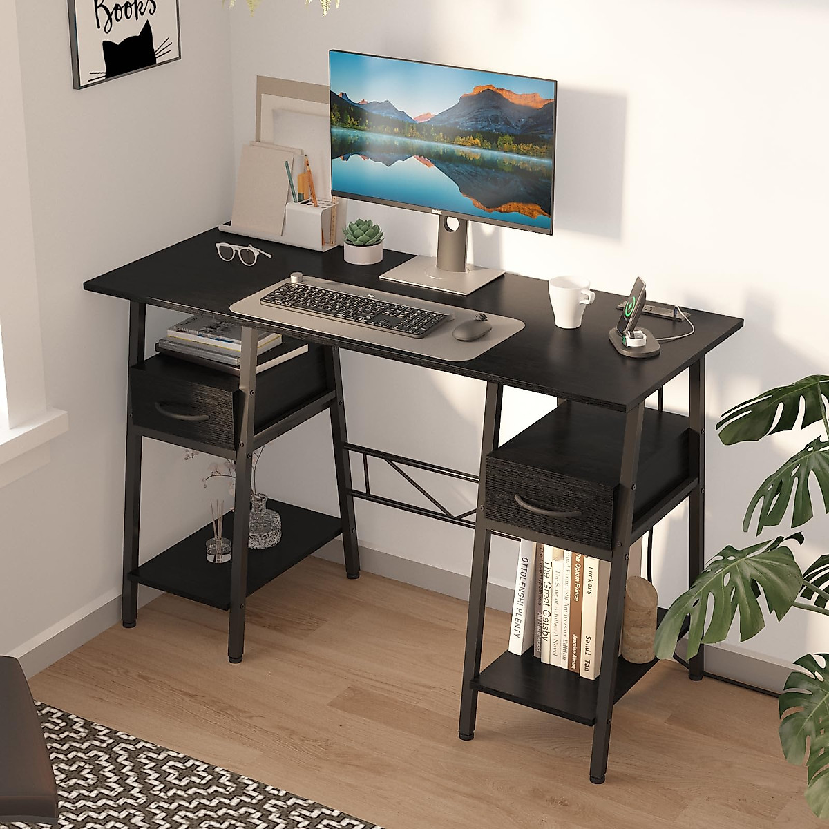 YAOHUOO 47 Inch Computer Desk with 2 Wooden Drawers/Power Outlet/USB Charging Port, Home Office Desks with Storage Shelves for Bedroom,Modern Writing Desk,Work Desk,Study Table(Black)