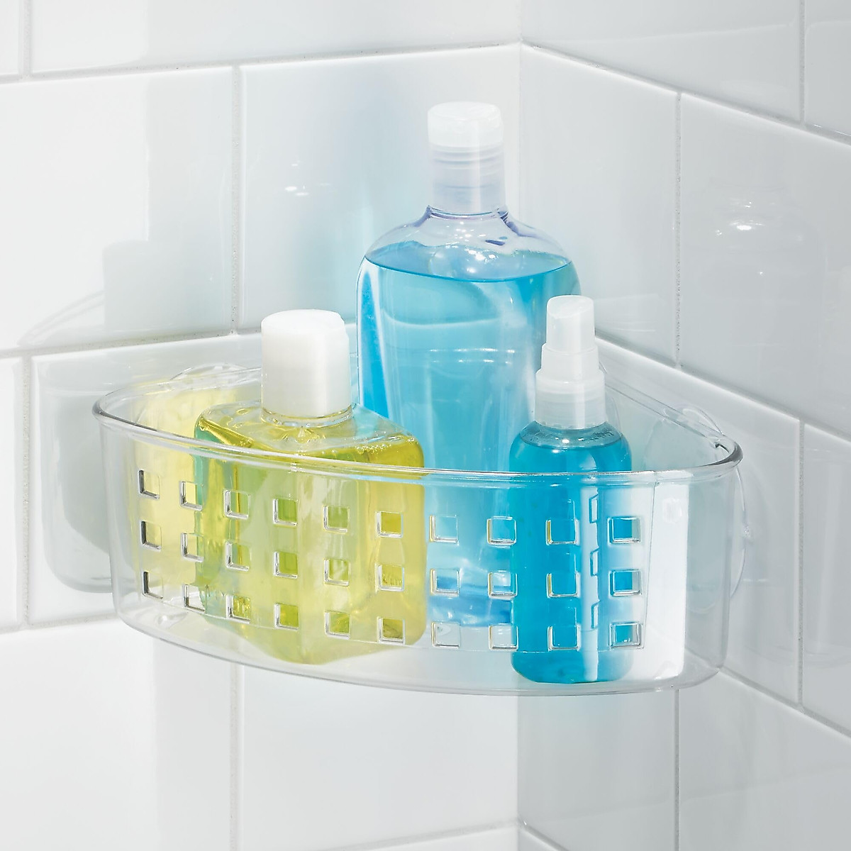 iDesign Plastic Bathroom Suction Holder, Shower Organizer Corner Basket for Sponges, Scrubbers, Soap, Shampoo, Conditioner, Clear