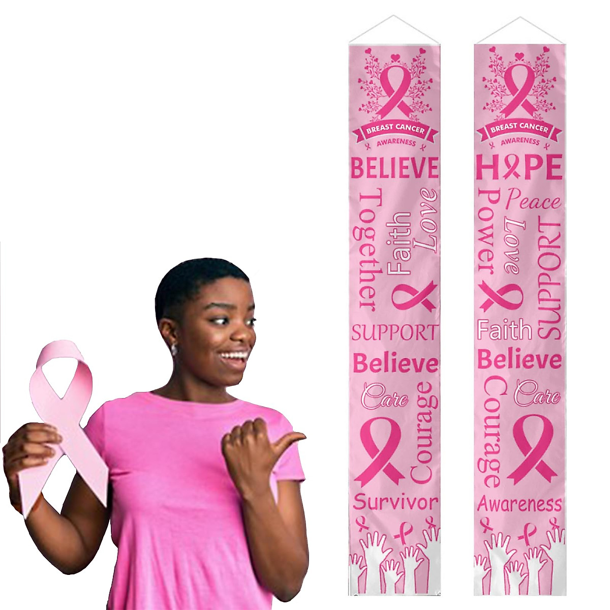 ZHIFU Breast Cancer Awareness Party Decorations Breast Cancer Banner Porch Sign, Pink Ribbon Door Banner Party Supplies Backdrop for Outdoor Indoor, 12 x 72 Inch