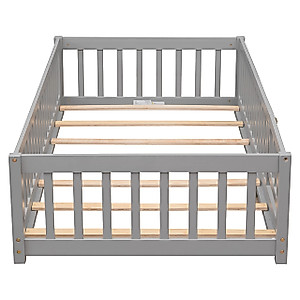 CITYLIGHT Twin Size Floor Bed with Rails and Door, Wood Montessori Floor Bed Twin Size with Support Slats, Kids Twin Bed Frame for Boys,Girls, Grey
