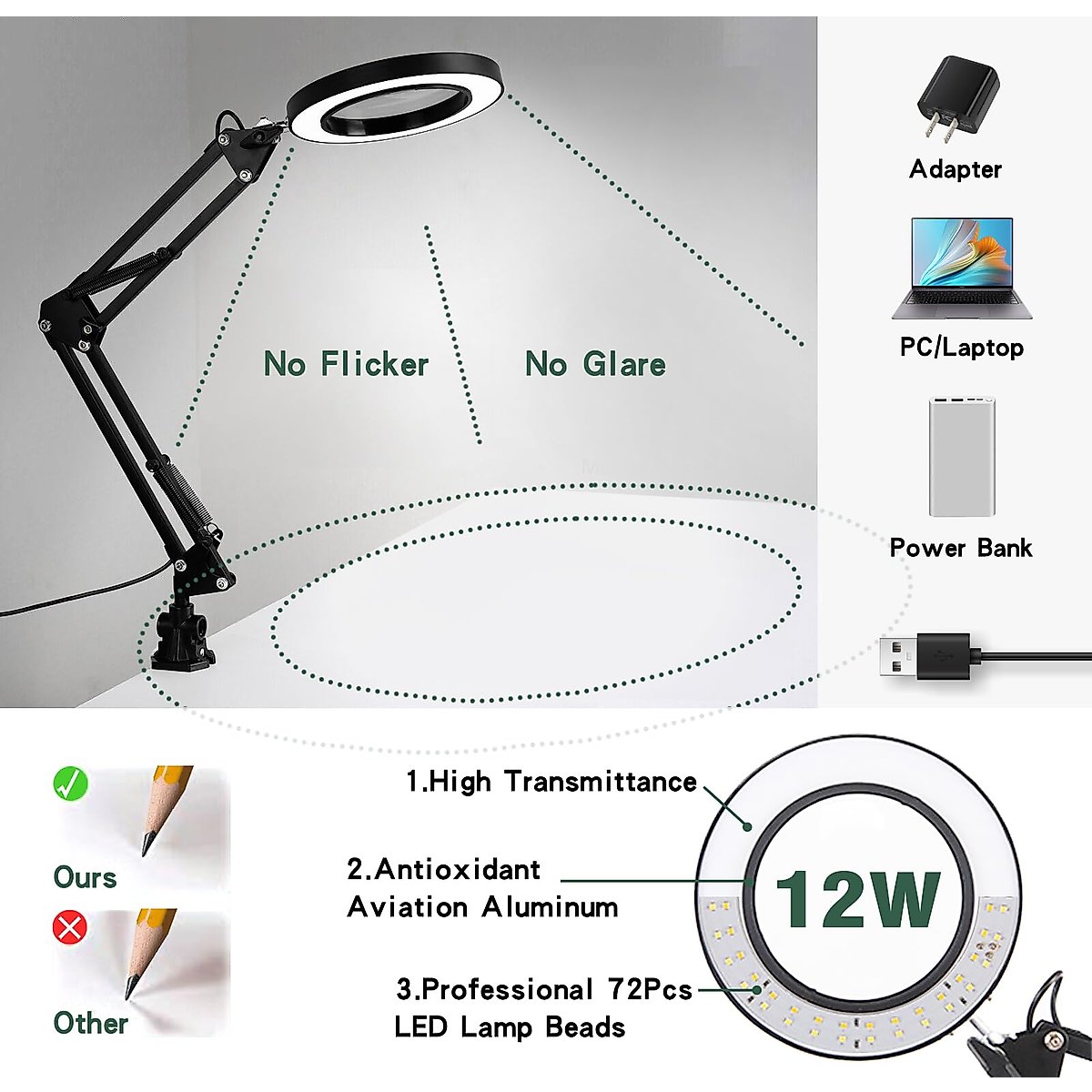 Nerefou Magnifying Glass with Light and Stand, 10X Magnifying Lamp, 2-in-1 Magnifying Desk Lamp with Clamp, 3 Color Mode, Magnifying Glasses with Light for Close Work (1st Generation Base ＆ Clamp)